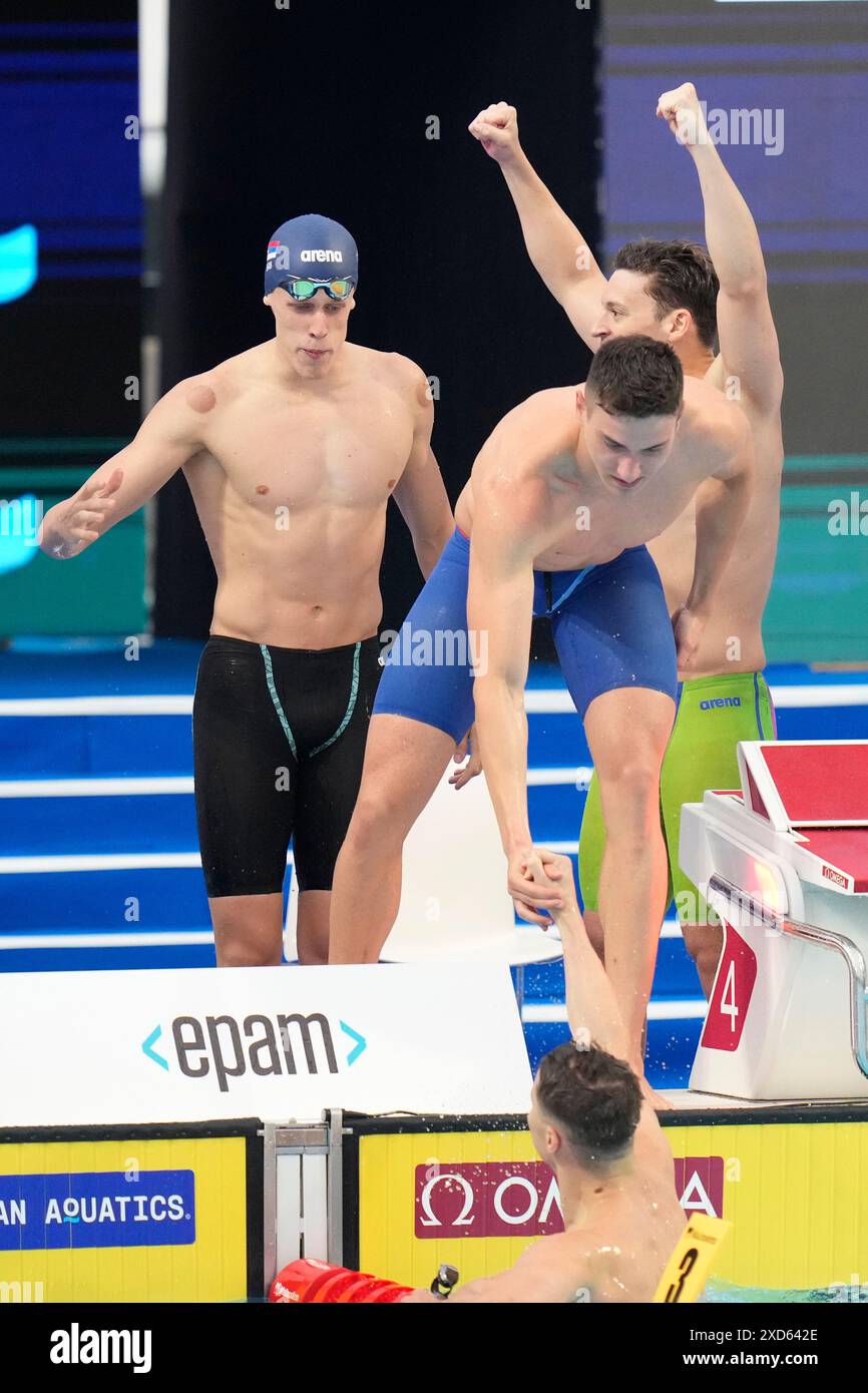 Serbia's team members celebrate as they won the men's 4 x 100m ...
