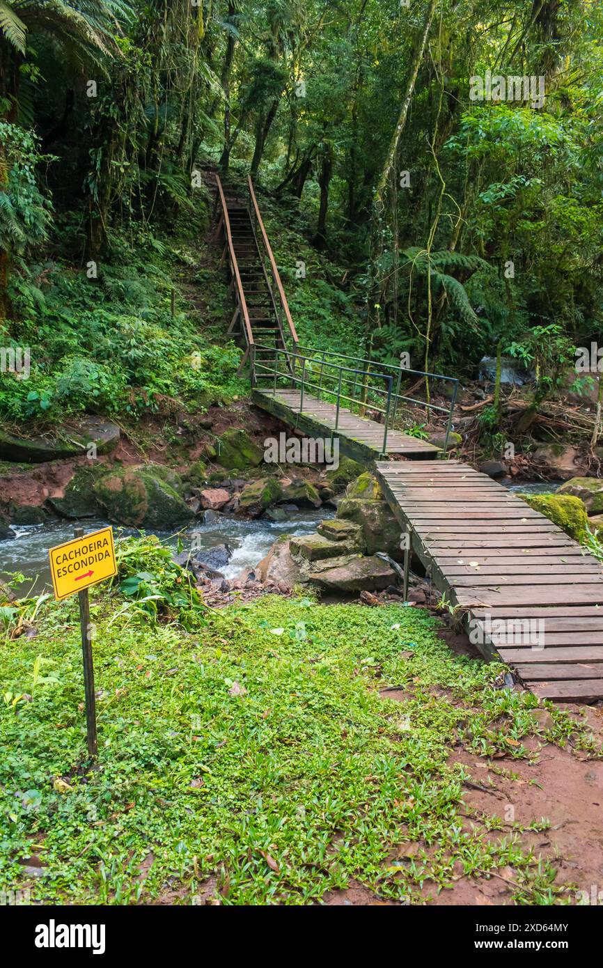 Wooden bridge and staircase that leads to Cachoeira escondida, a ...