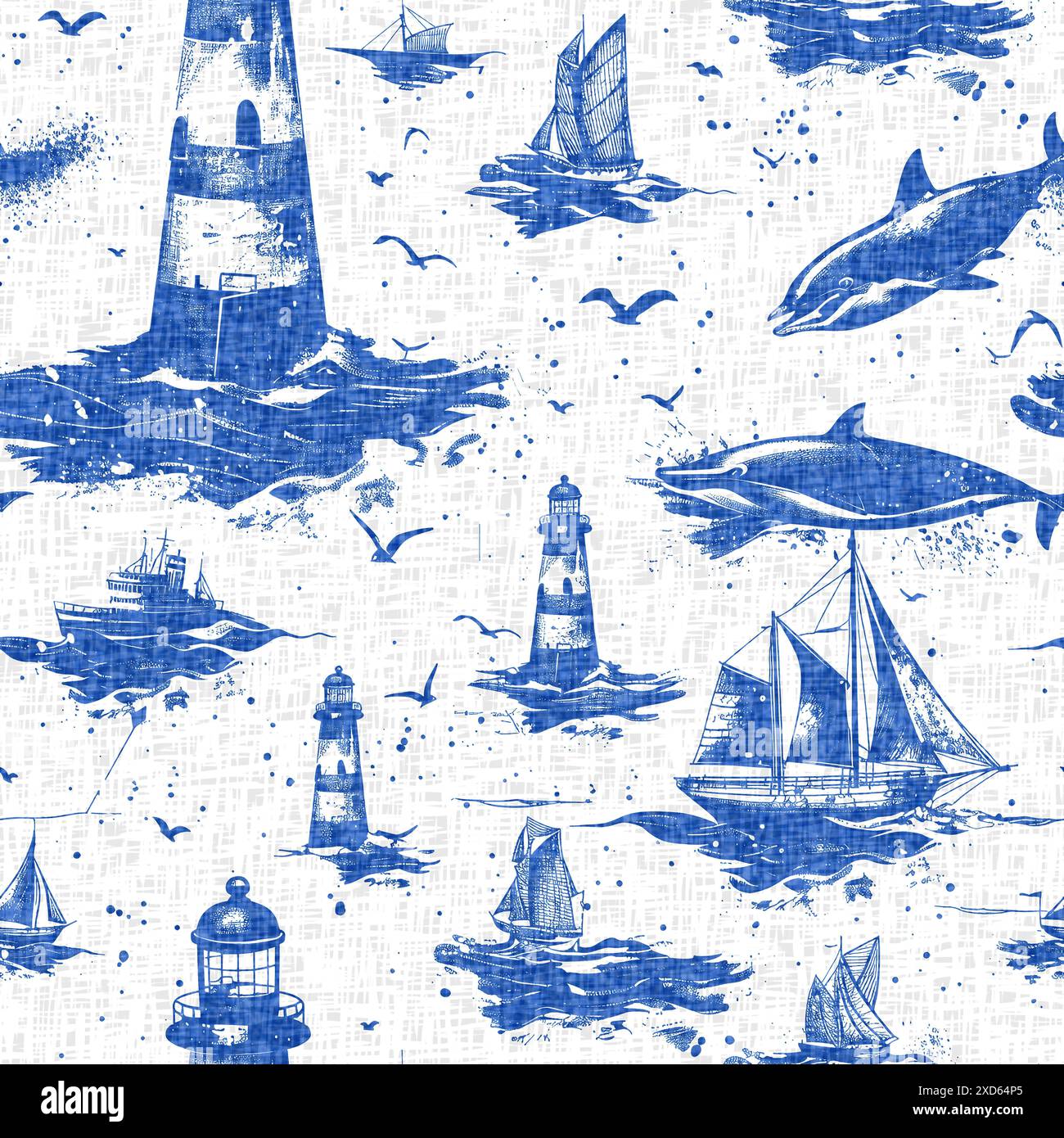Coastal sail boat in azure ocean blue seamless background. Modern ...