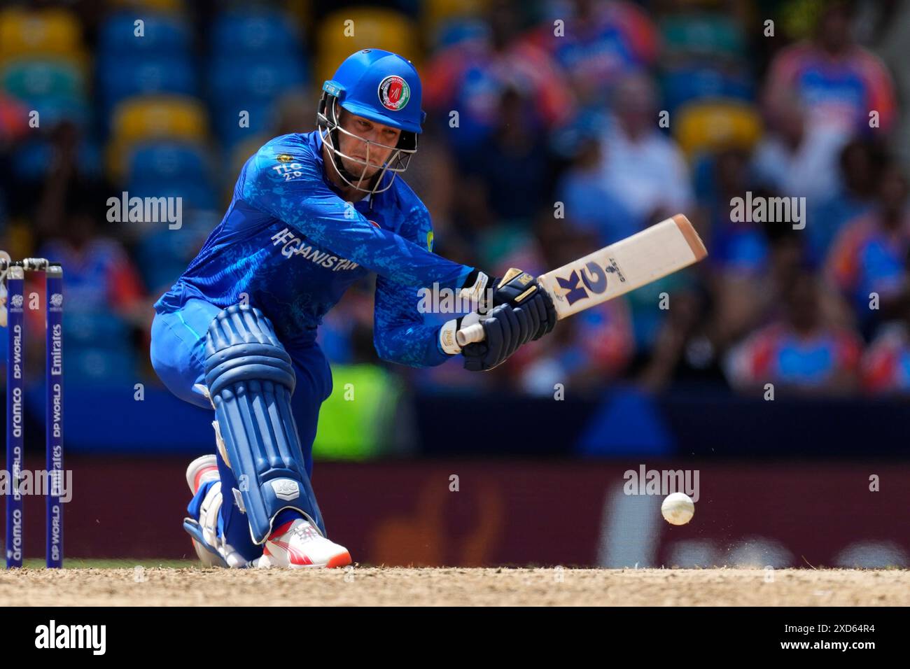 Afghanistan's Noor Ahmad plays a shot during the ICC Men's T20 World ...