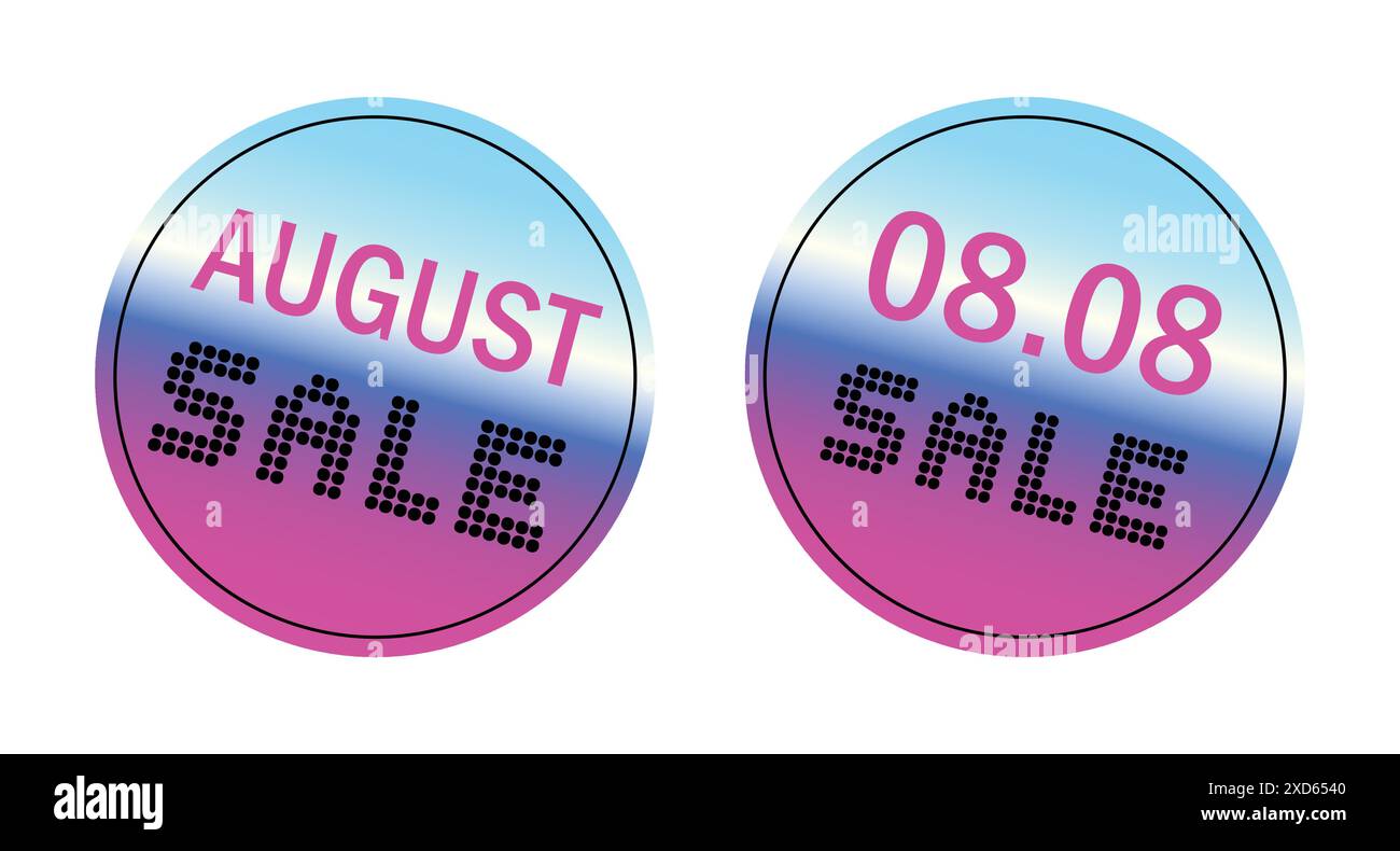 August sale round stickers set with a holographic glossy gradient ...