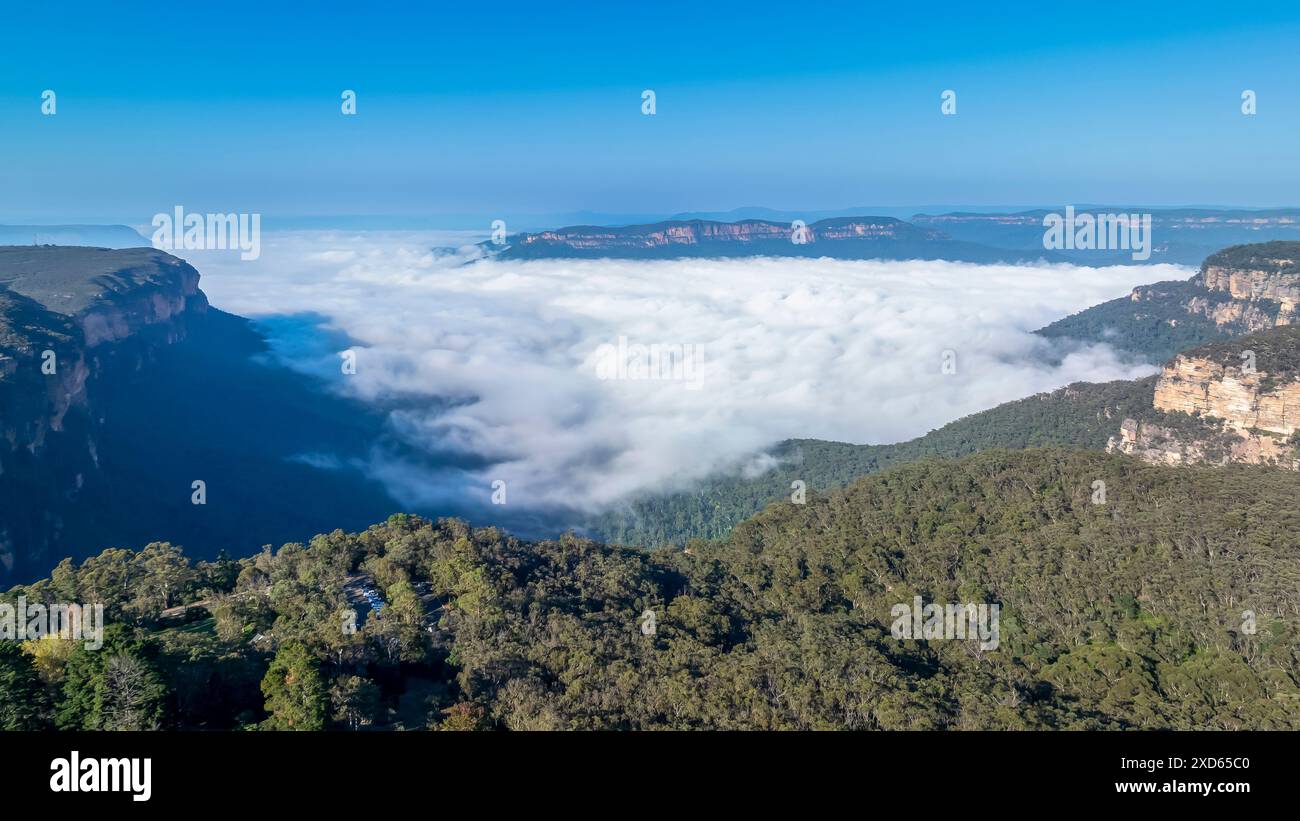 Drone aerial photograph of white fluffy clouds in Jamison Valley near ...