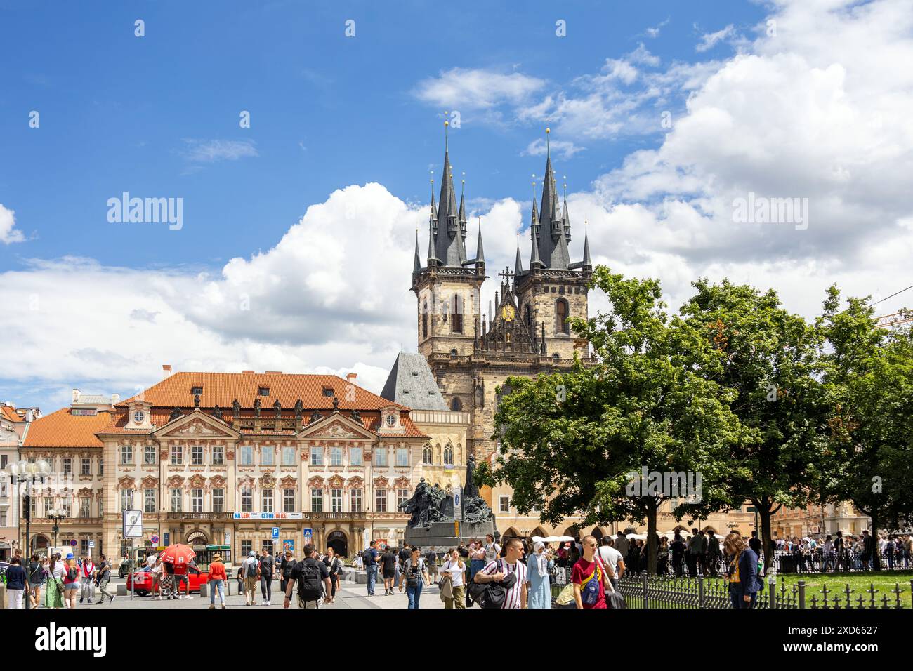 Prague's Old Town Square bustling with tourists featuring the Church of ...