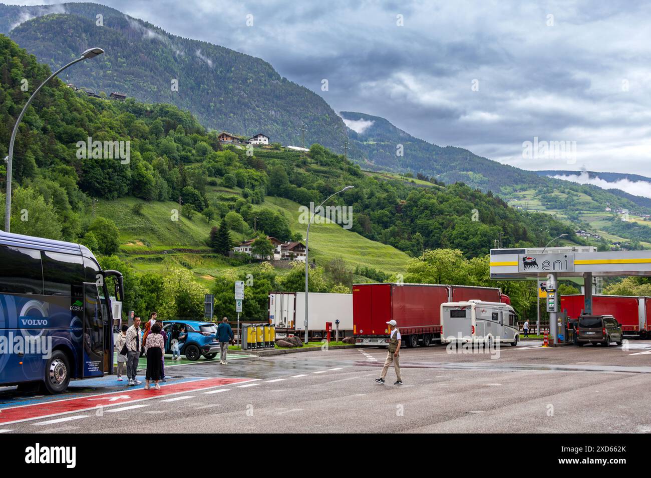 Travelers at an ENI gas station on the A22 highway in Sudtirol ...