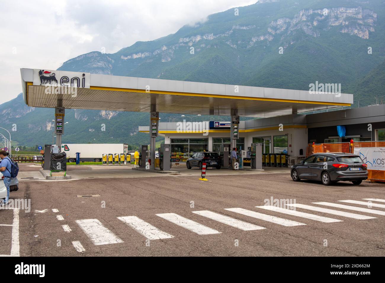 Vehicles refueling at an ENI gas station on the A22 highway in Sudtirol ...