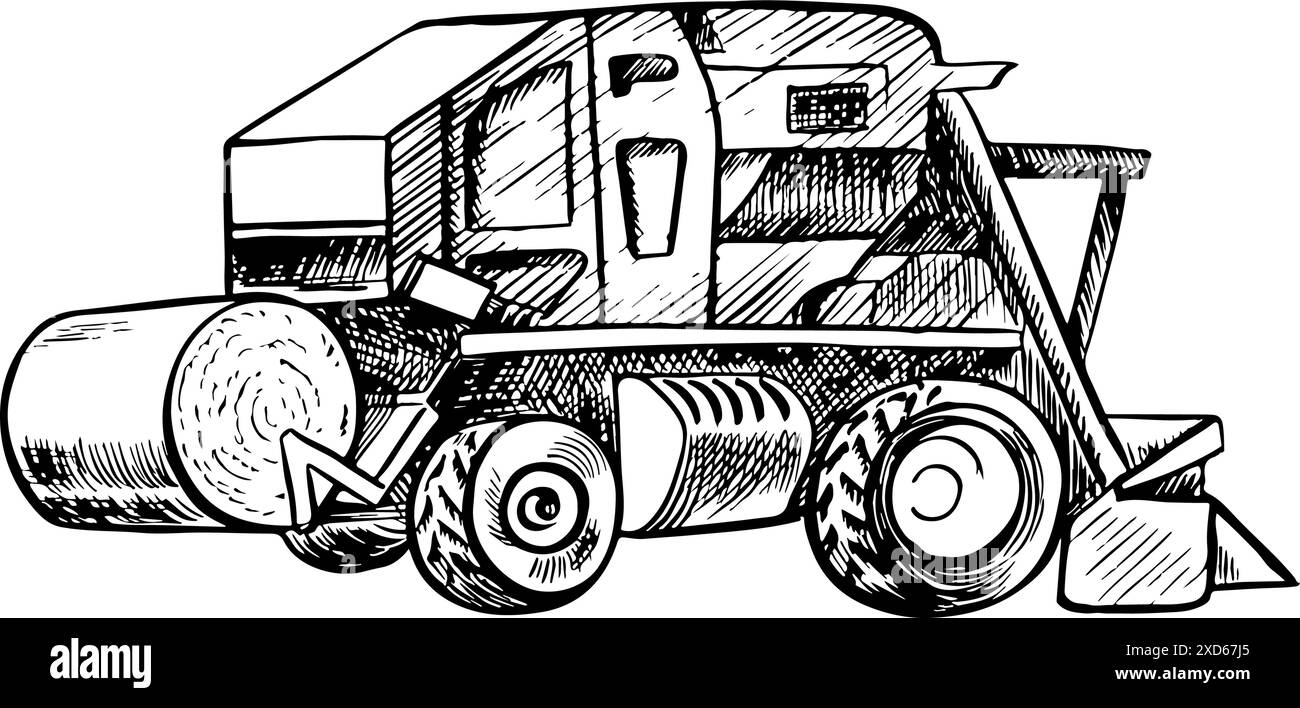 Cotton harvester. Black and white vector graphic illustration drawn by ...