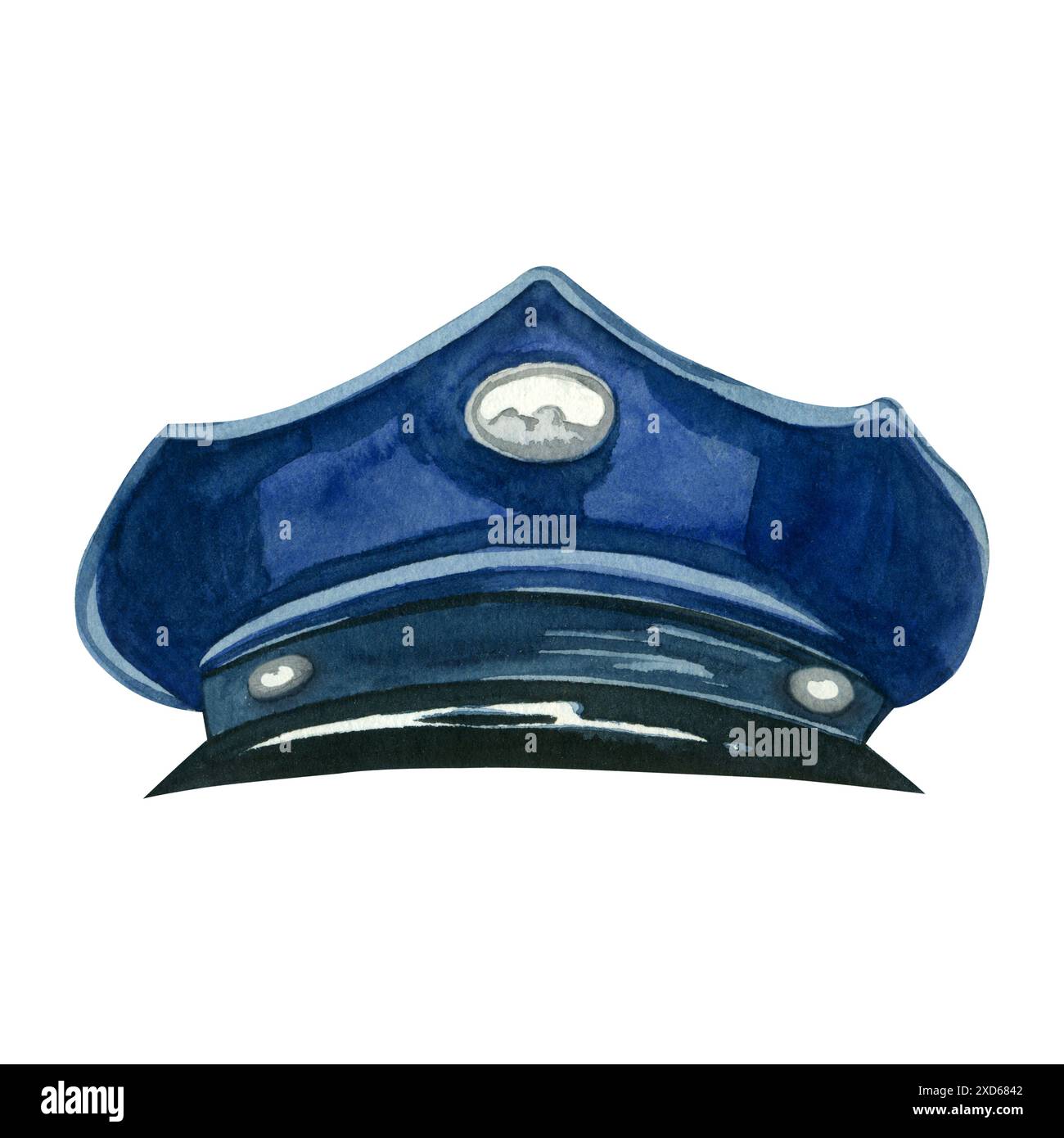 A blue postman's cap with a black visor, hand-painted in watercolor on ...