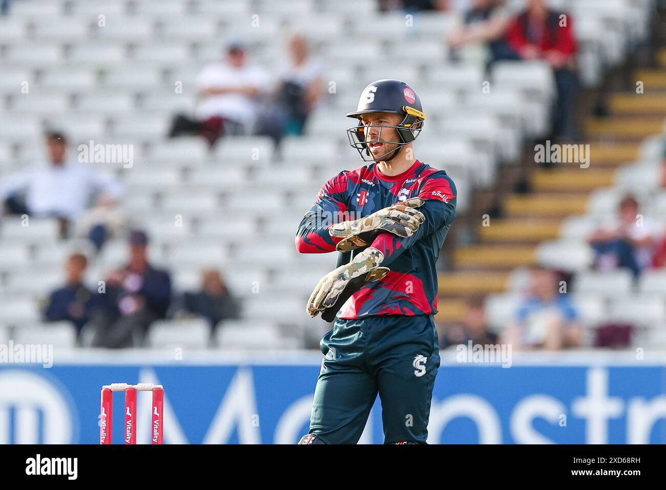 Birmingham, UK. 20th June, 2024. Lewis McManus during the Vitality T20 ...