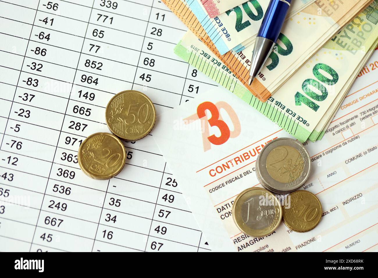 KYIV, UKRAINE - APRIL 20, 2024 many euro banknotes with the Modello 730 ...