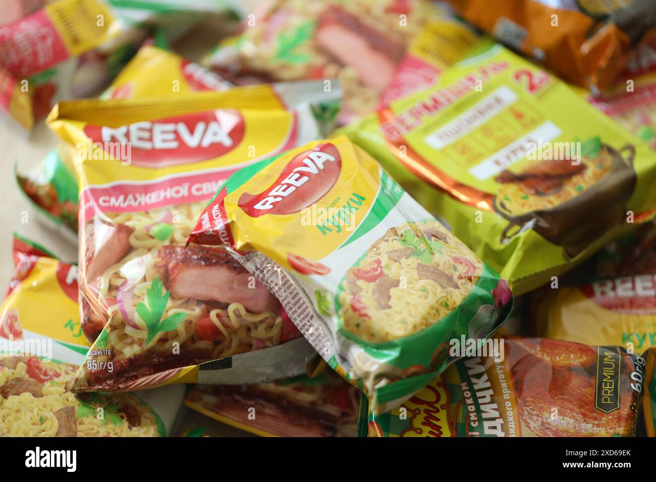 KYIV, UKRAINE - APRIL 20, 2024 Many packs of instant noodles for fast ...