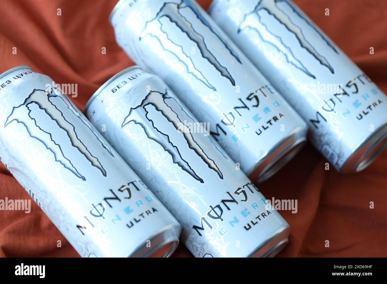KYIV, UKRAINE - APRIL 20, 2024 Can of Monster Energy Drink ultra on ...