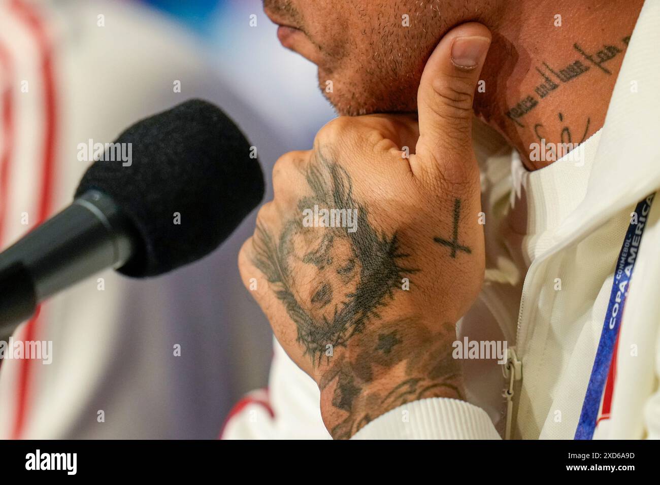 Tattoos worn by Peru's Paolo Guerrero are visible during a news ...