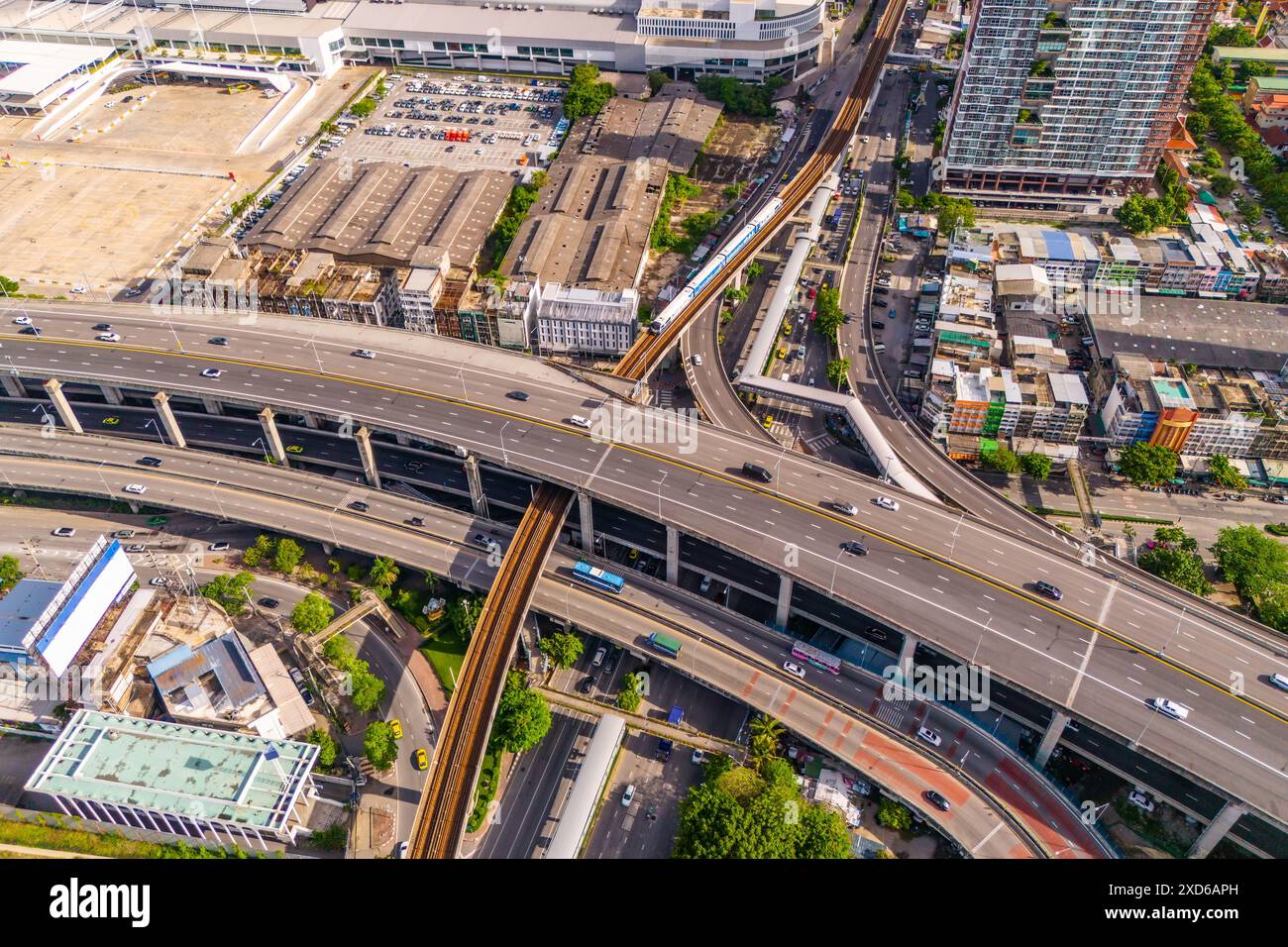 Aerial drone top view multi level junction interchange between highway ...