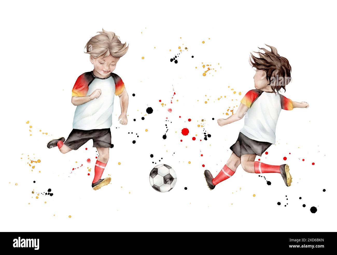 Football player young sportsman hand drawn with watercolor ball and red ...