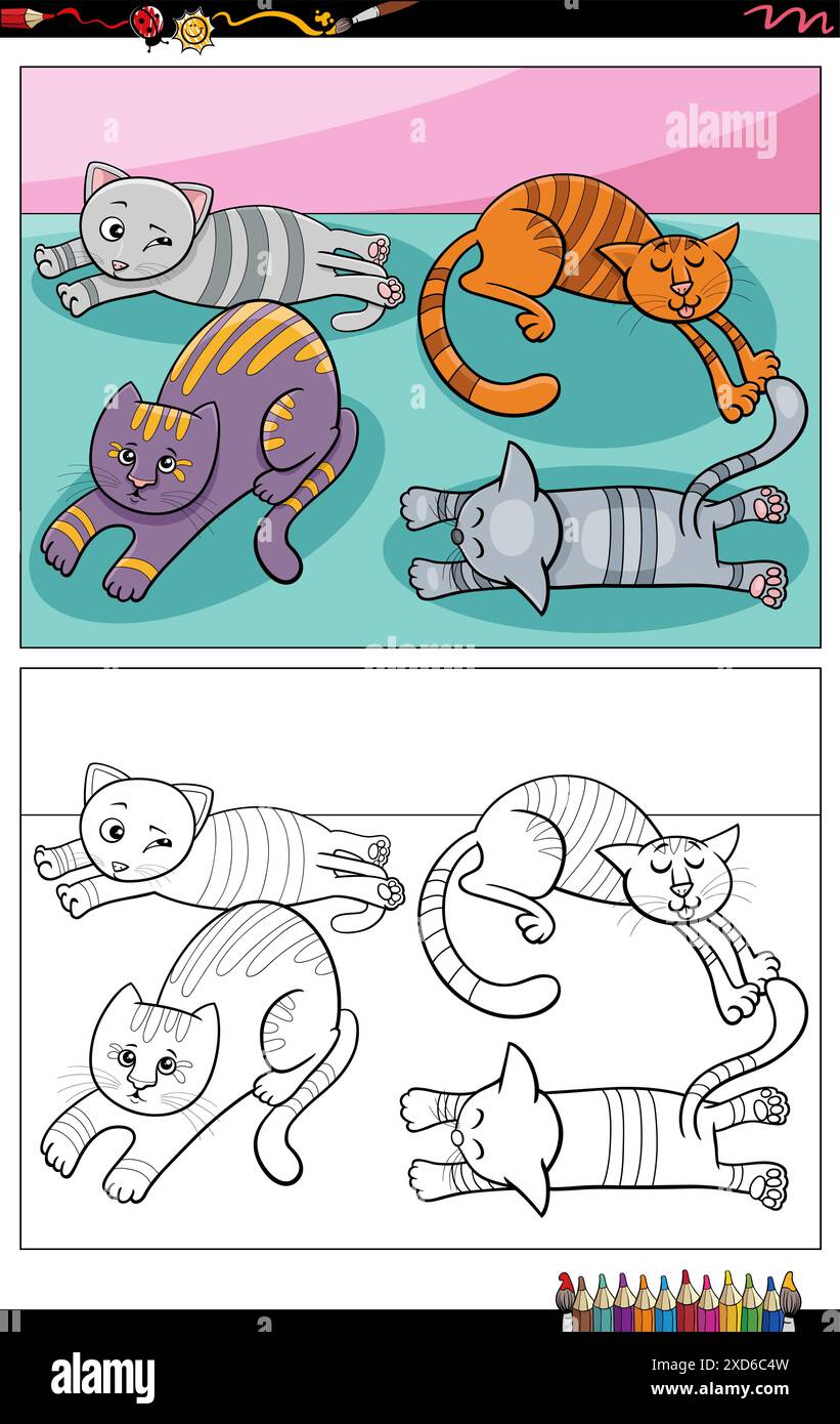 Cartoon illustration of sleepy cats and kittens animal characters group ...
