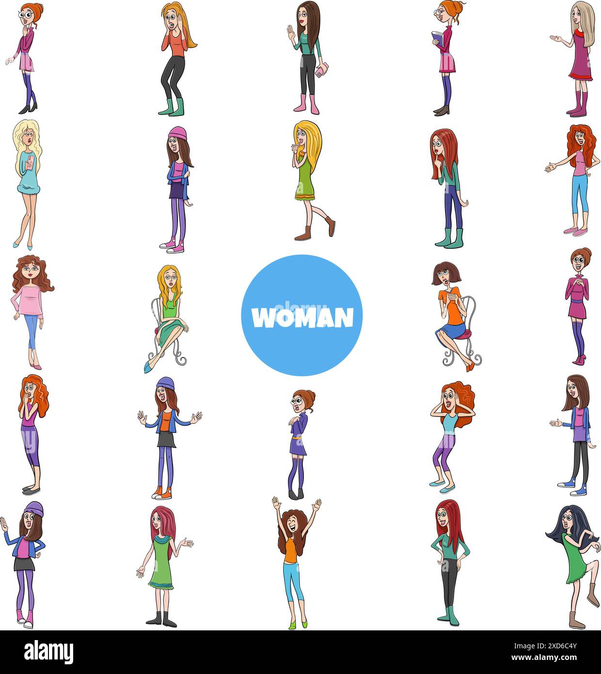 Cartoon illustration of women and girls female characters big set Stock ...