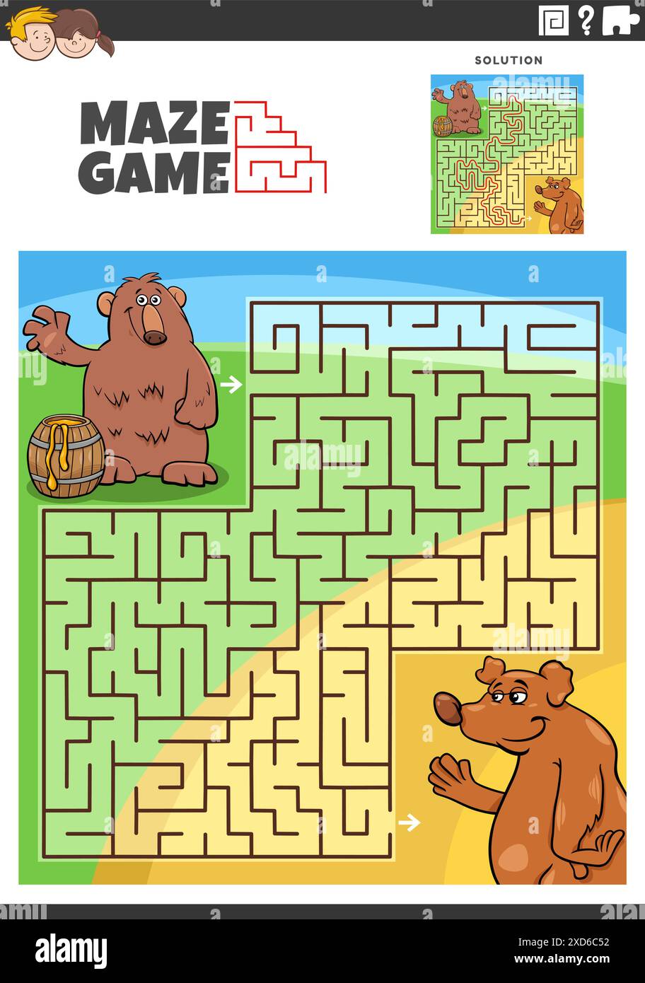 Cartoon illustration of educational maze puzzle game with bears animal characters and barrel of ...