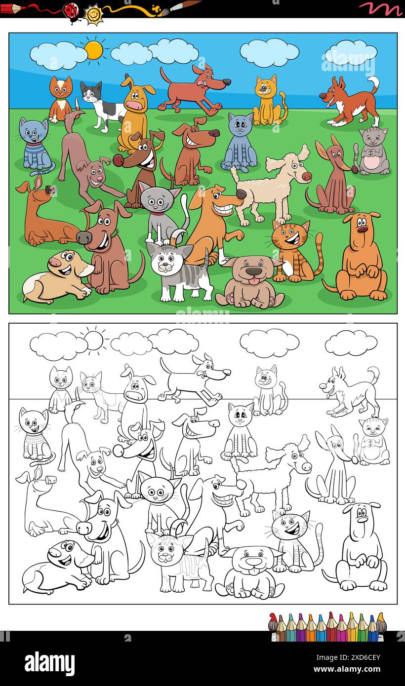 Cartoon illustration of dogs and cats animal characters group coloring ...