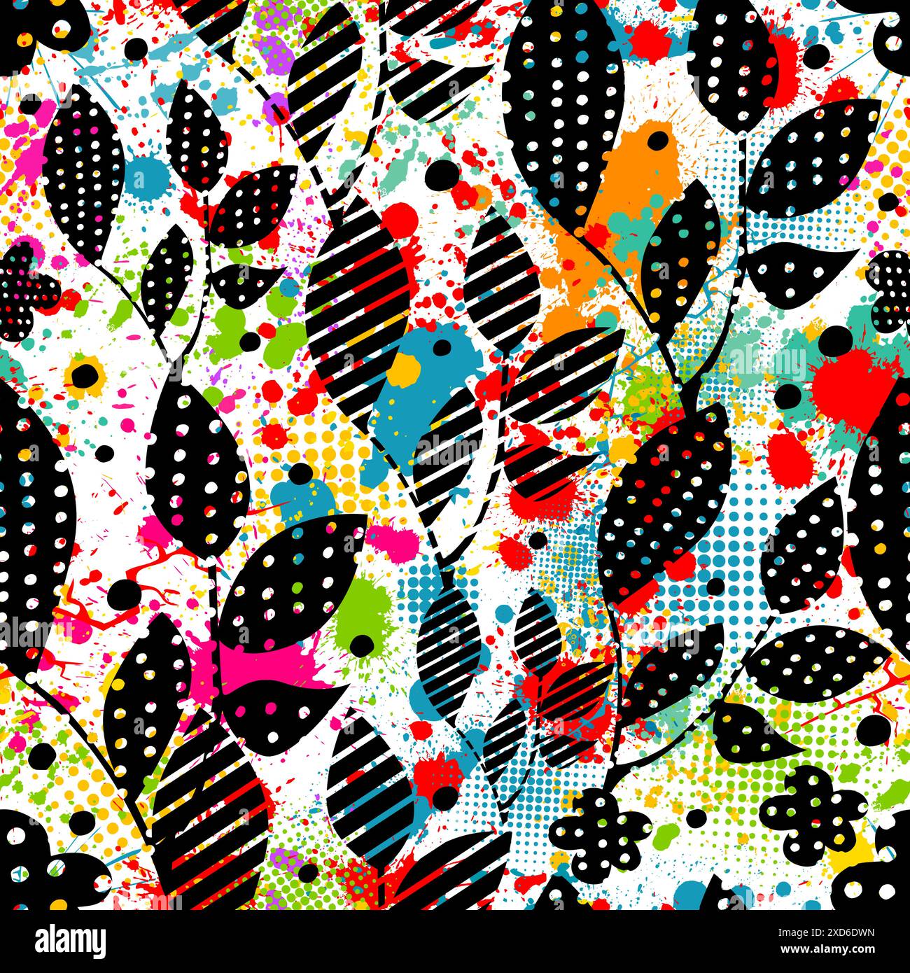 Seamless pattern of leaves with colored blots. hand drawing. Not AI ...