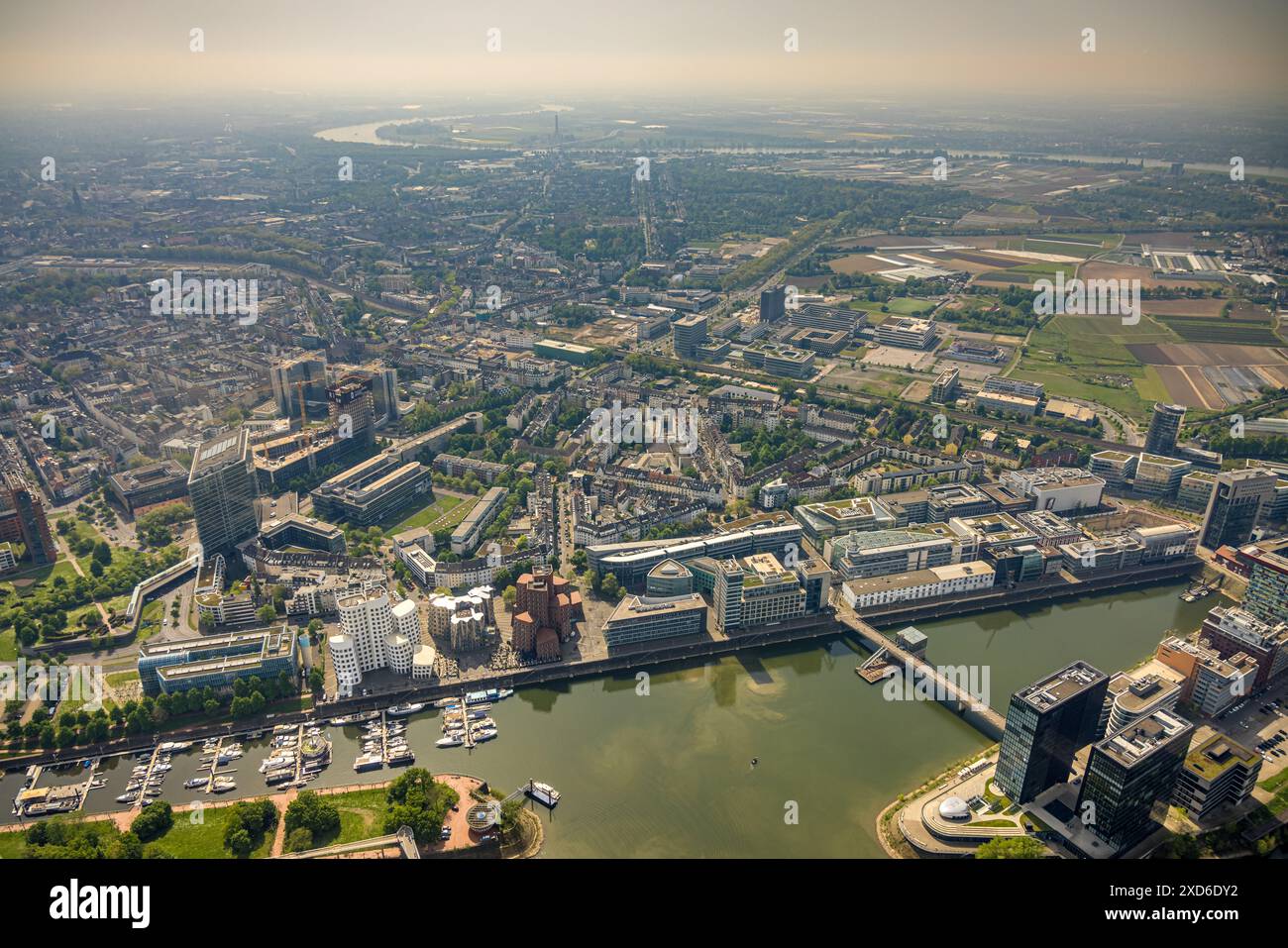Aerial view, Medienhafen and river Rhine, Marina Düsseldorf Yachthafen ...