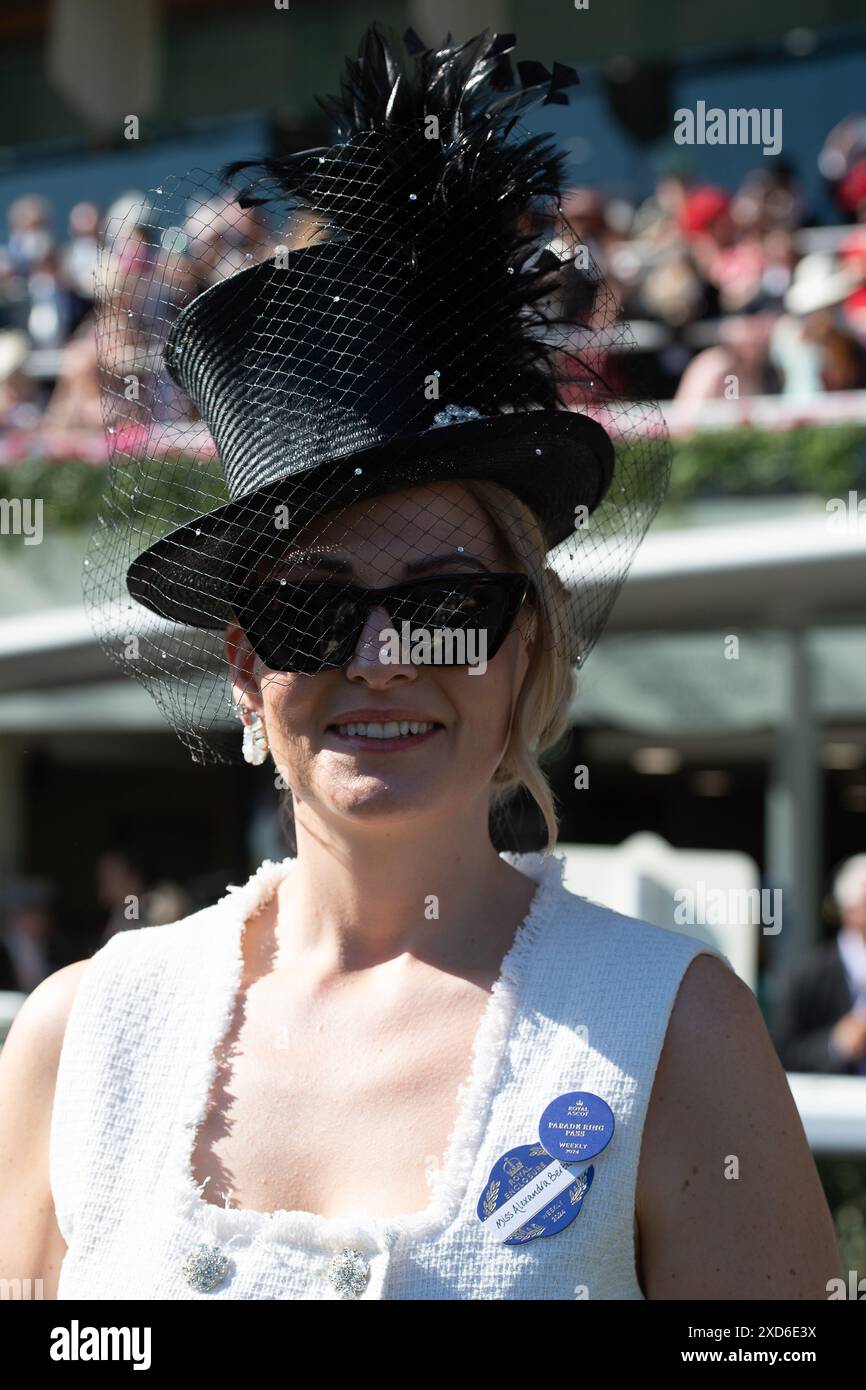 Ascot, UK. 20th June, 2024. Alexandra Bertram wears a netted top hat to ...