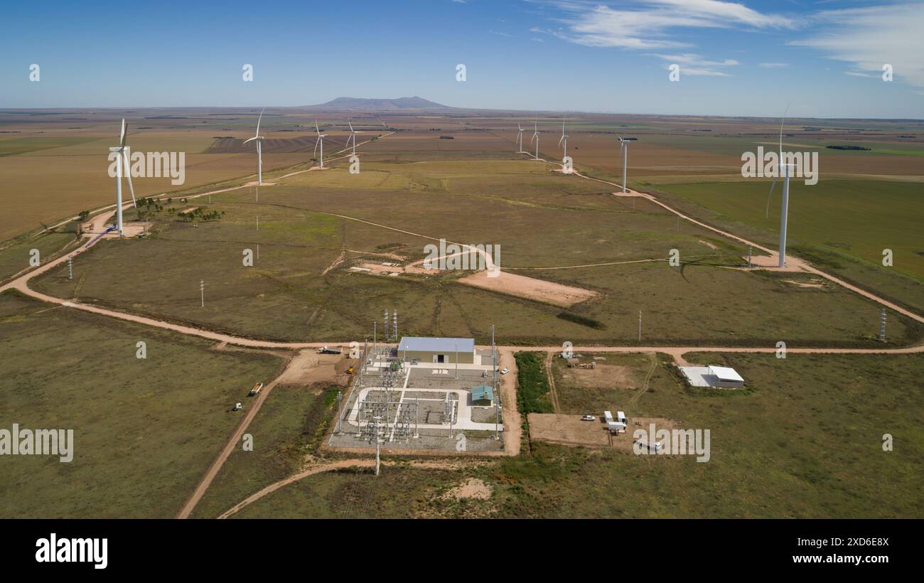 Aerial view of the wind turbine park. Wind energy plants in Argentina ...