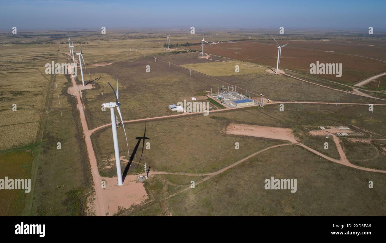 Aerial view of the wind turbine park. Wind energy plants in Argentina ...