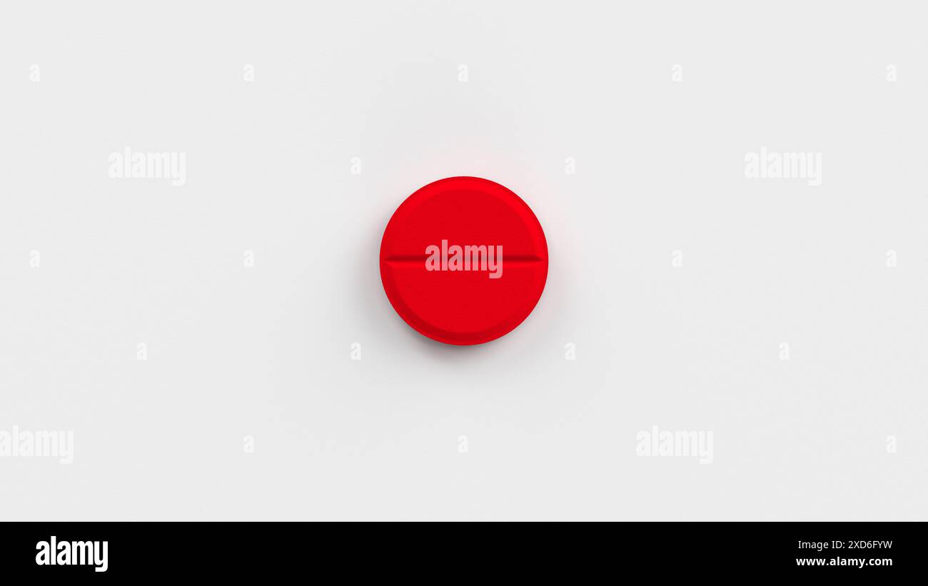 Red single pill isolated on a white background. Tablet, pill capsule top view, flat lay. 3d ...