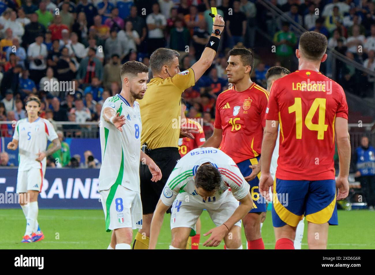 Rodri of Spain receives a yellow card during UEFA Euro 2024 - Spain vs ...