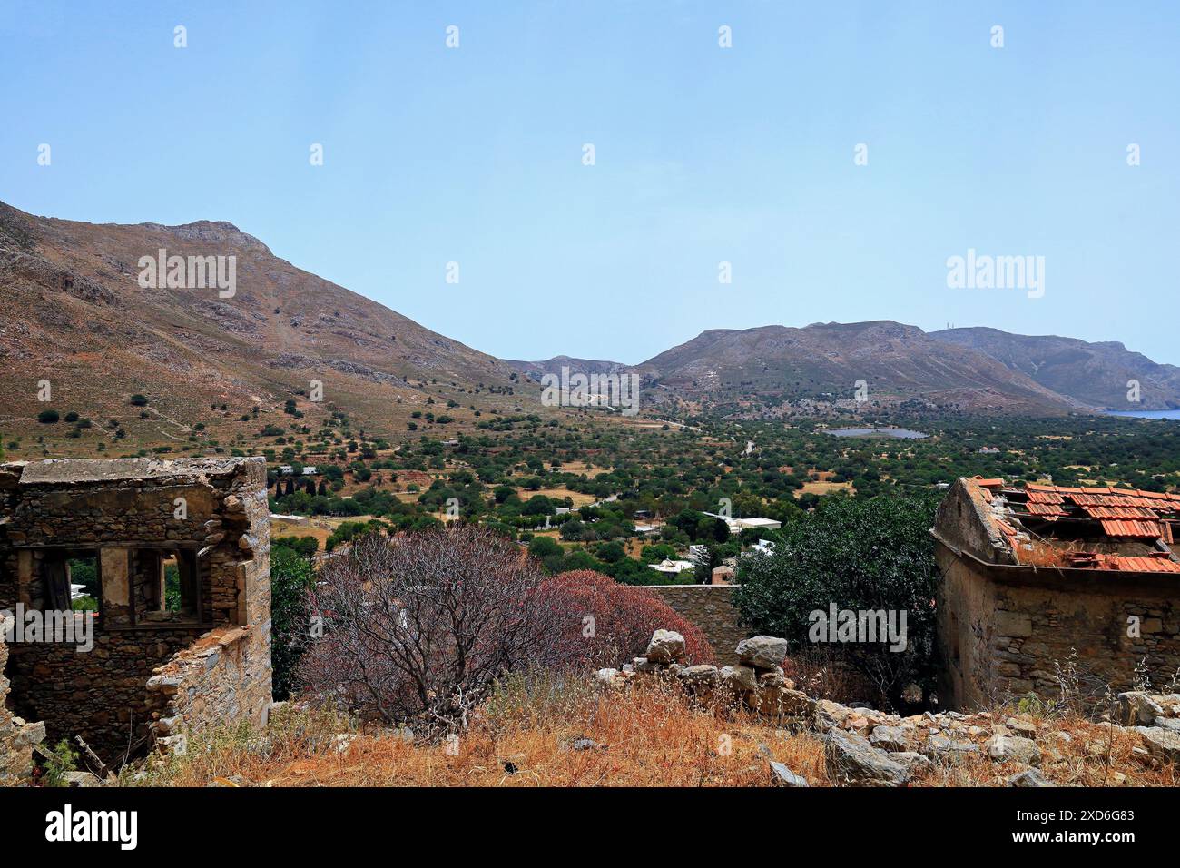 Landscape with view across Eristos Valley and ruined buildings, Megalo ...