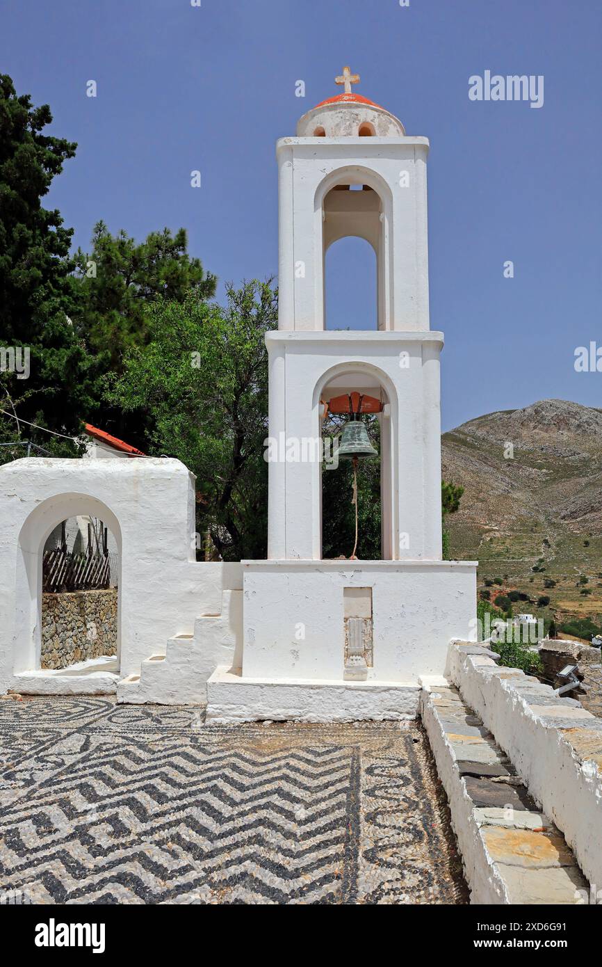 Church bell tower, Megalo Chorio village, Tilos Island, Dodecanese ...