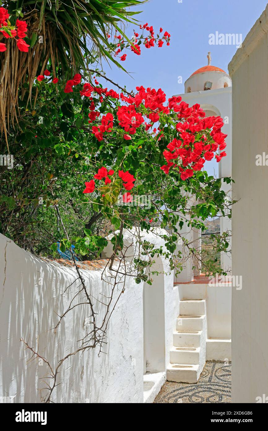 Whitewashed, domed church at Megalo Chorio, Tilos Island, Dodecanese ...