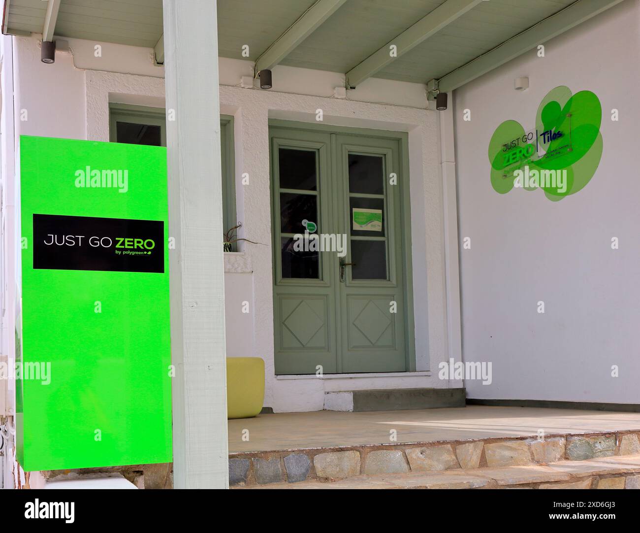 Just Go Zero Polygreen shop front, Livadia village, Tilos Island, Dodecanese, Greece. Taken May ...