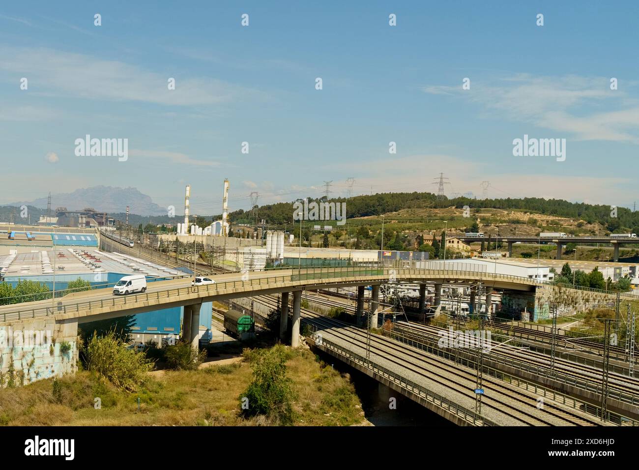 An expansive view showcasing a highway overpass and parallel rail ...