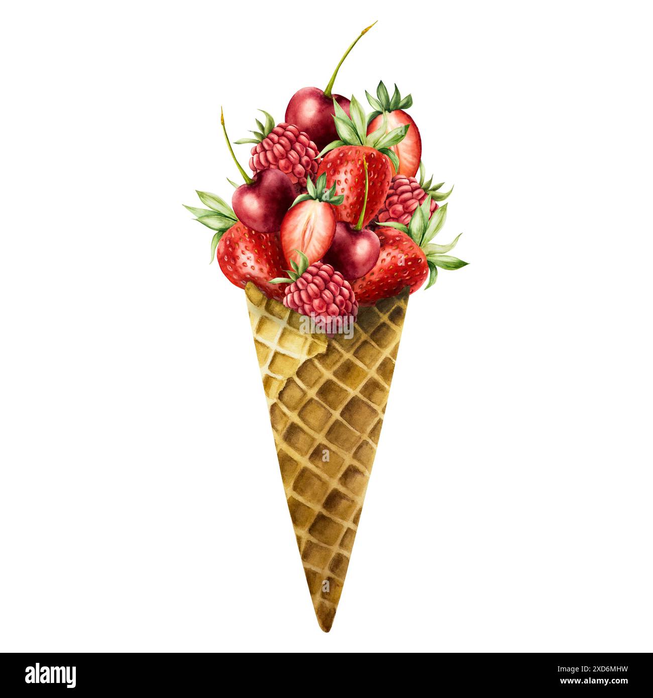 Crispy waffle cone for ice cream full of strawberry, raspberry, cherry ...