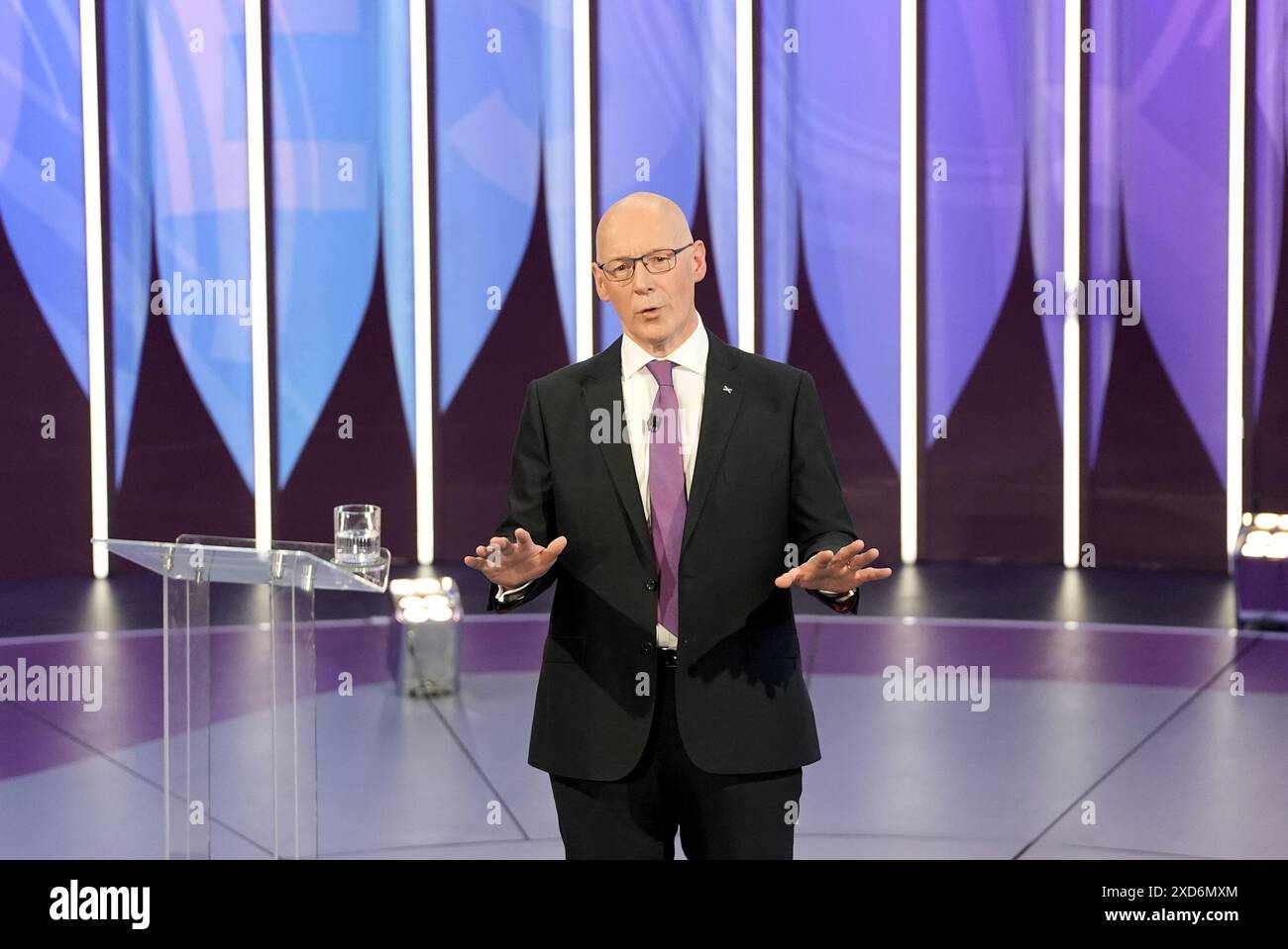 Scottish First Minister and SNP leader John Swinney speaking during a ...