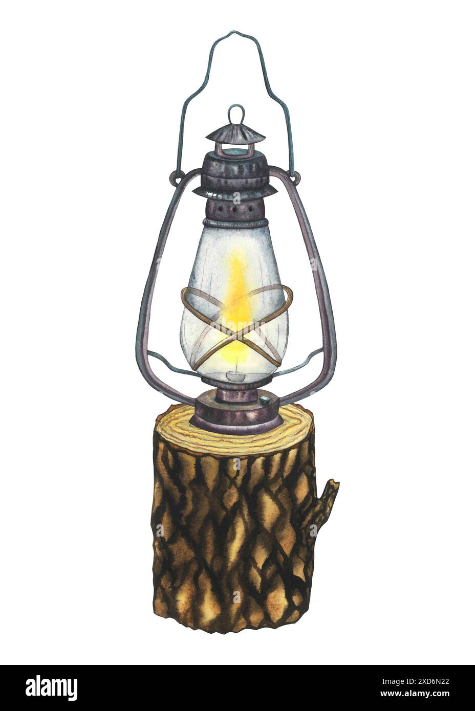 Watercolor vintage oil lantern on a wooden stump isolated on white ...