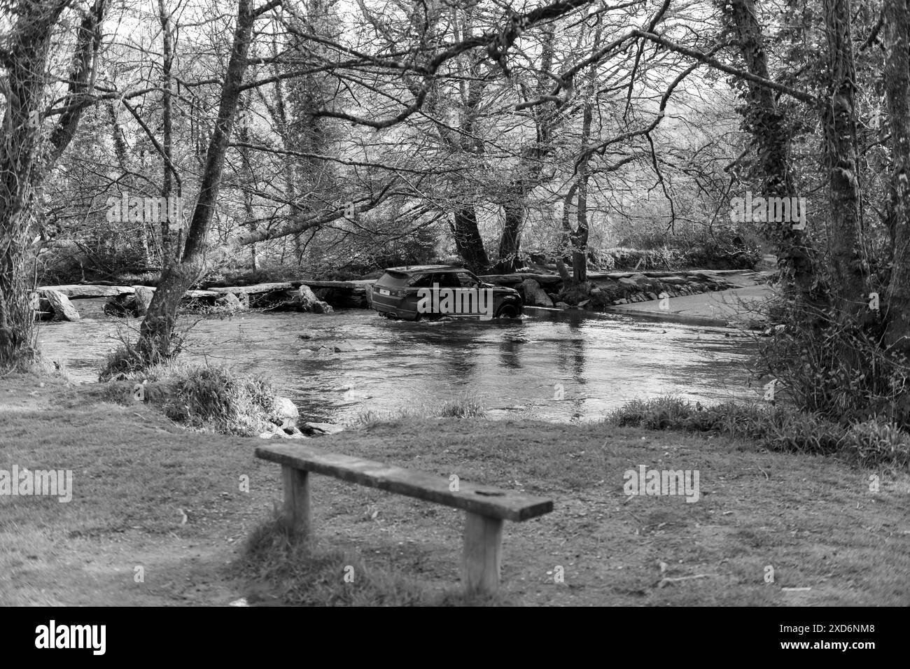 Photograph of 4x4 crossing the river Barle at the clapper bridge at ...