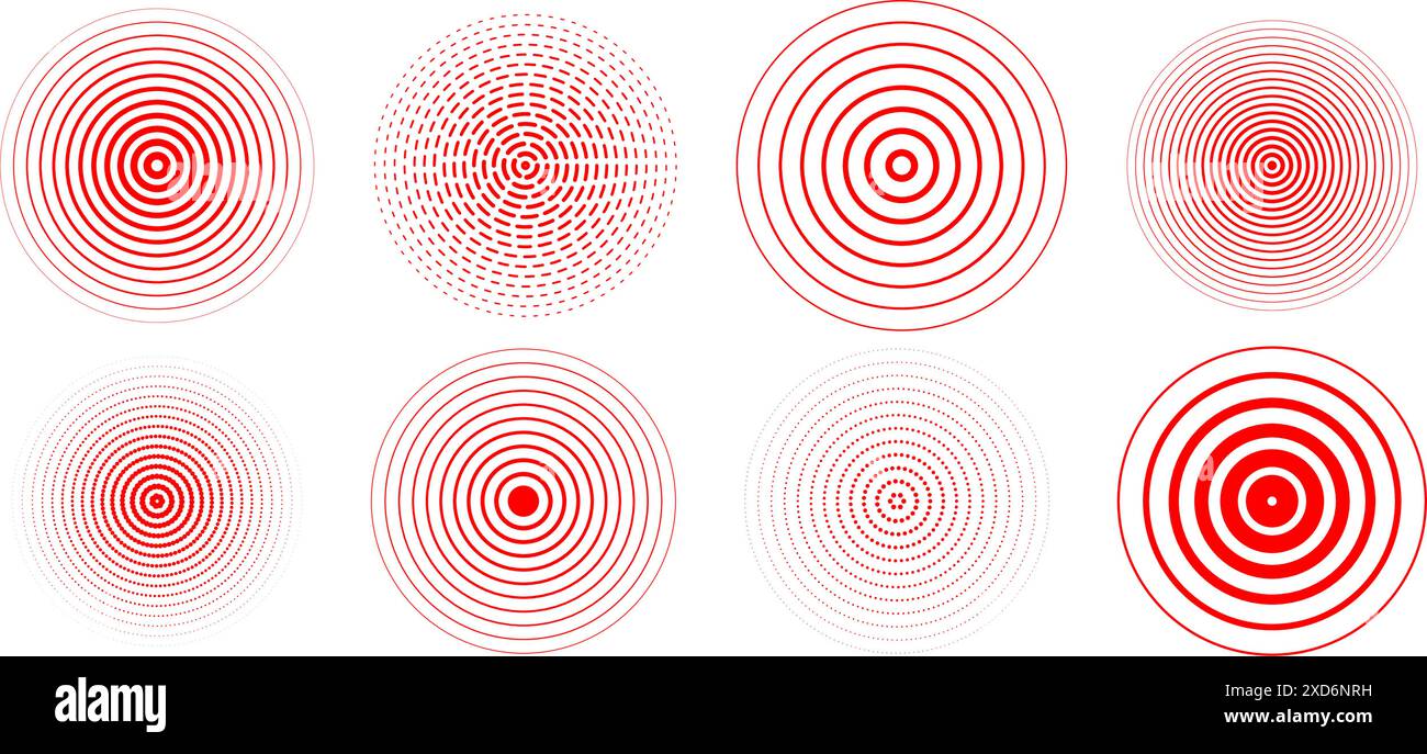 Red concentric circle set. Radial sonar or sound wave ring collection ...