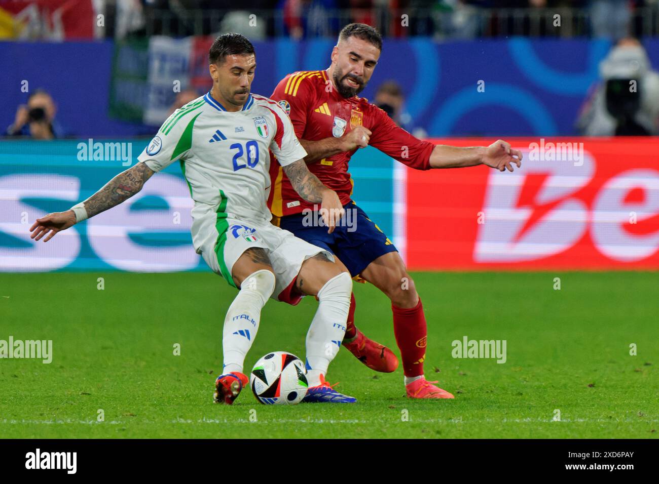 Mattia Zaccagni of Italy in action against Dani Carvajal of Spain ...