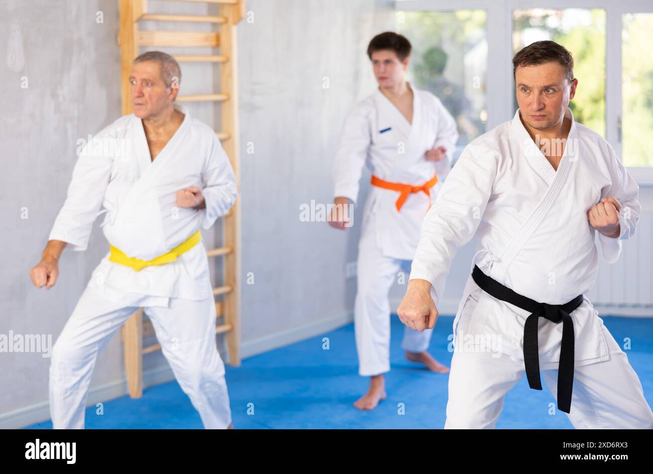 Man in white kimono performing kata routines at martial arts training ...