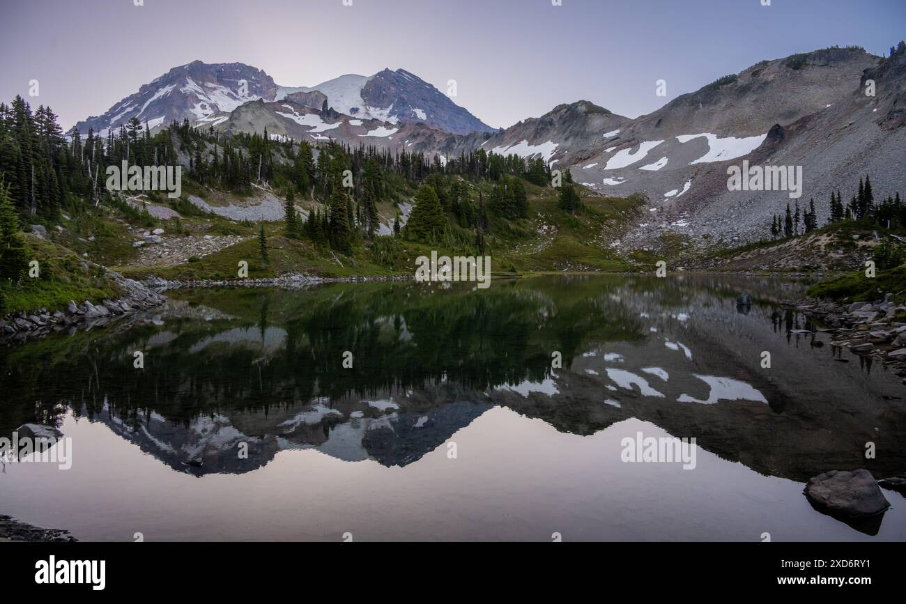 Mount Rainier Reflects in St. Andrews Lake at Dawn Along the Wonderland ...