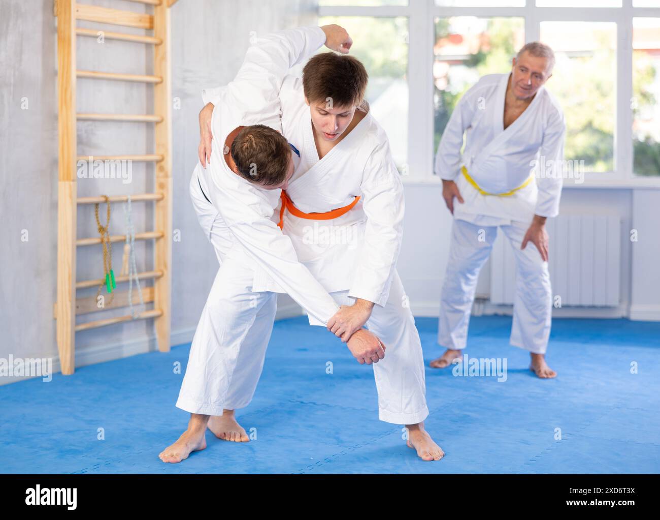 Adult and young men training judo fight Stock Photo - Alamy