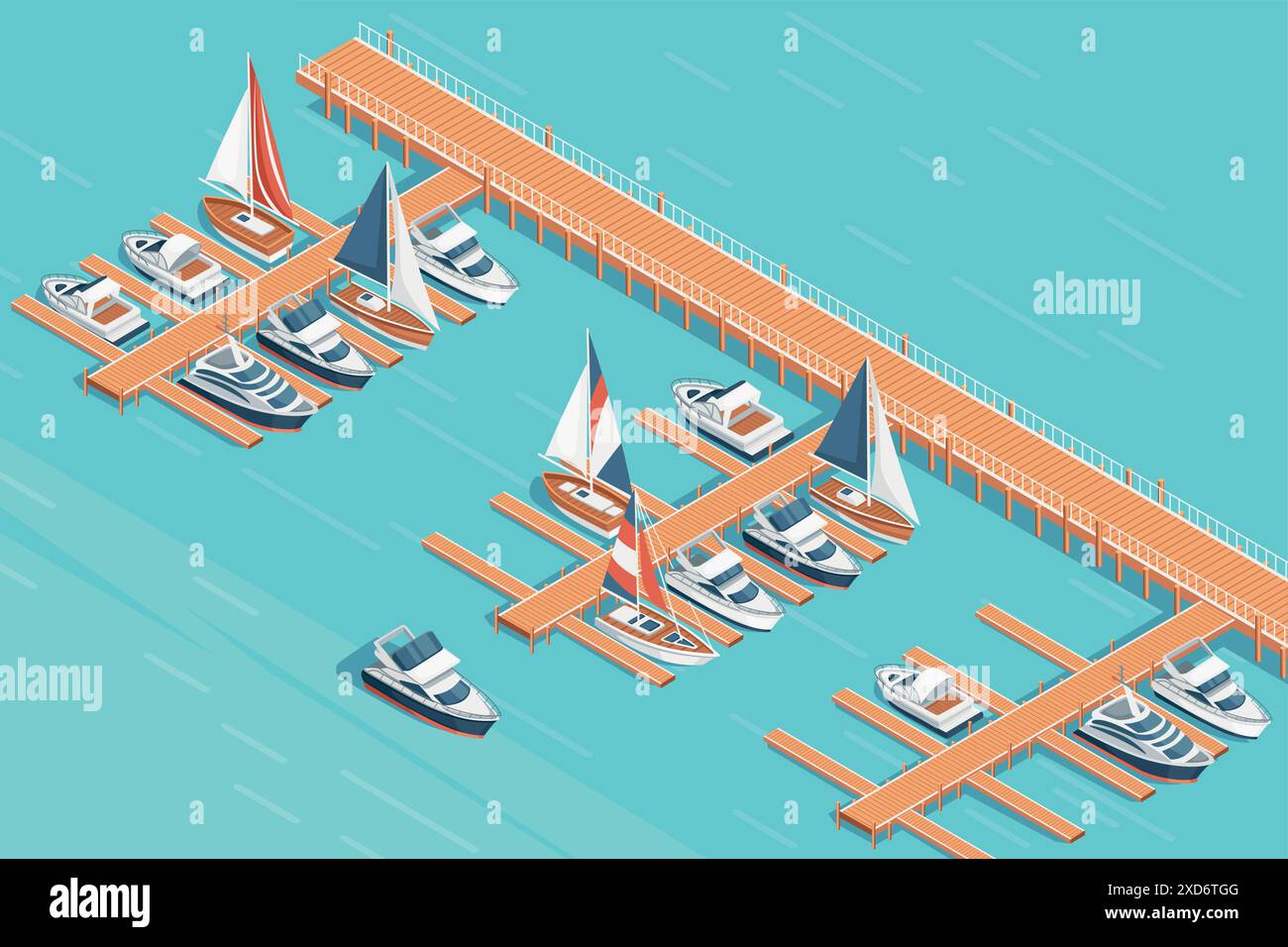 Three-dimensional isometric view showcasing marina pier sailboat and ...