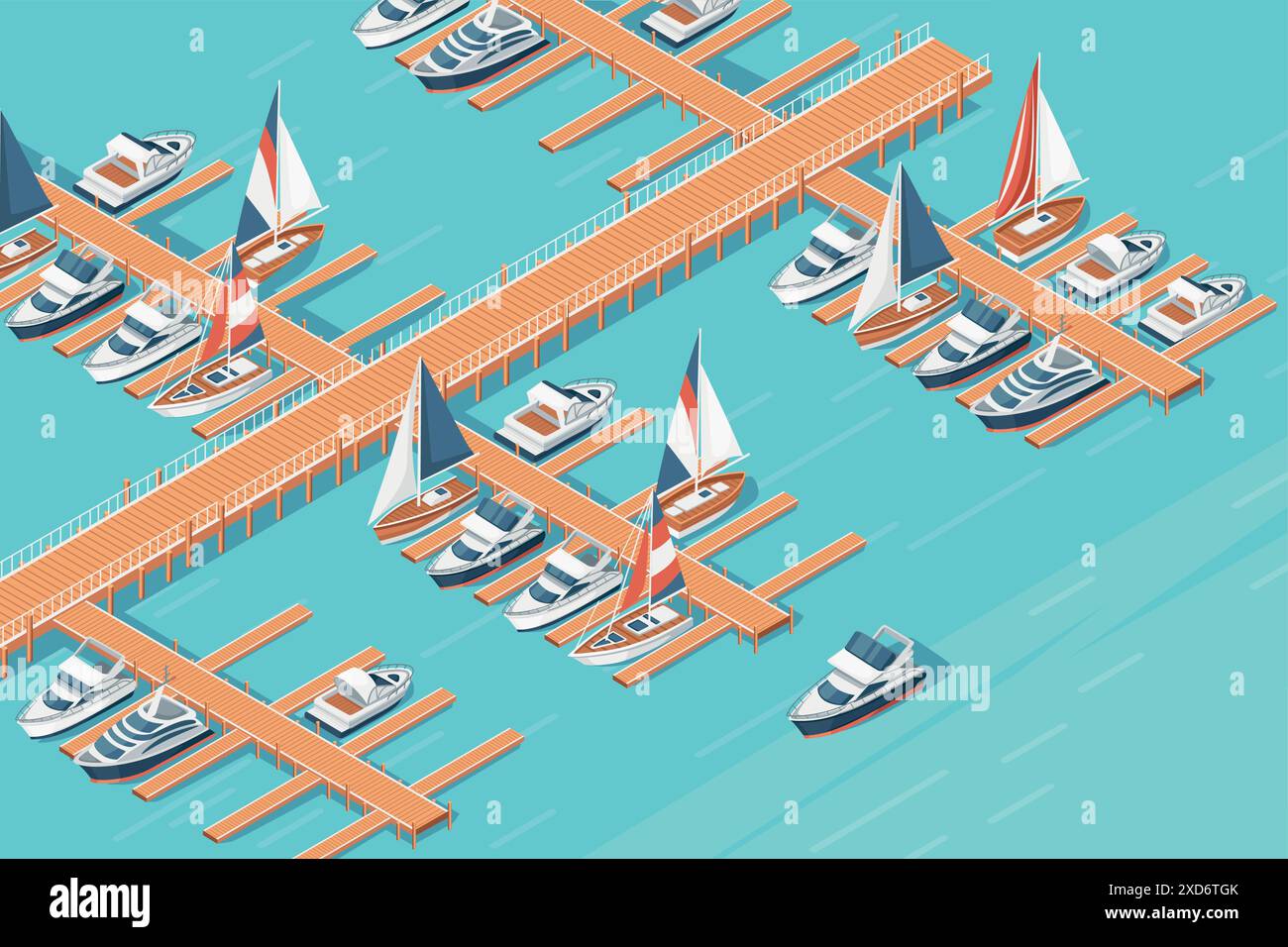 Three-dimensional isometric view showcasing marina pier sailboat and ...