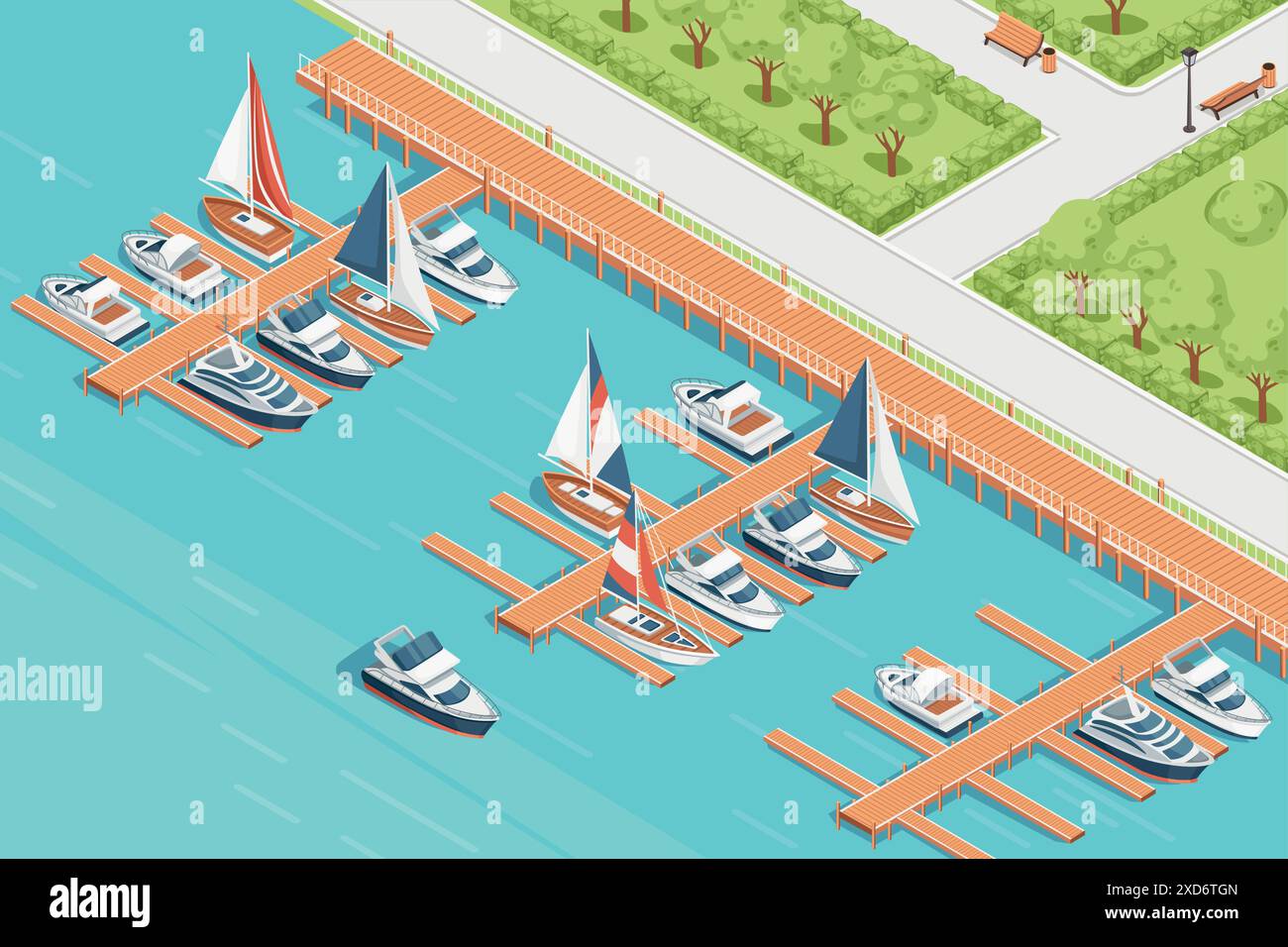 Three-dimensional isometric view showcasing marina pier sailboat and ...