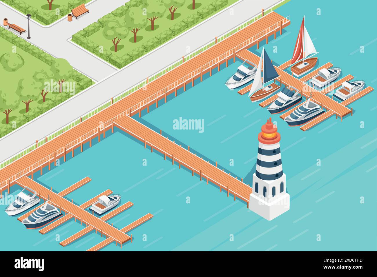 Three-dimensional isometric view showcasing marina pier sailboat and ...