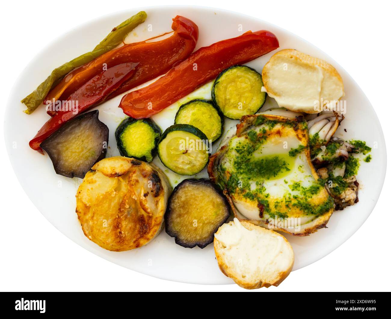 Delicious fried cuttlefish with grilled vegetables on plate Stock Photo ...