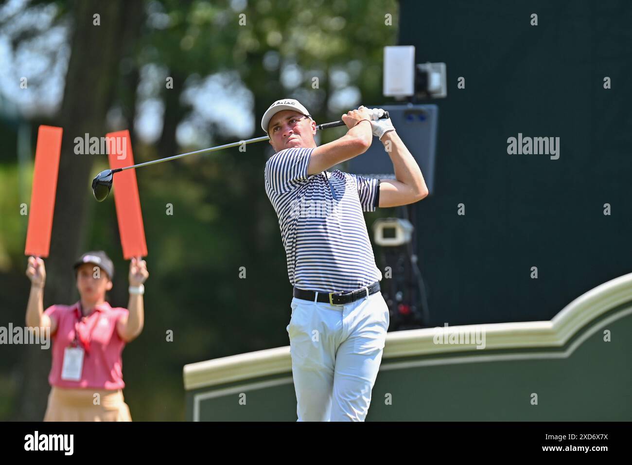 Thursday June 20, 2024: Justin Thomas watches his tee shot on the 18th ...