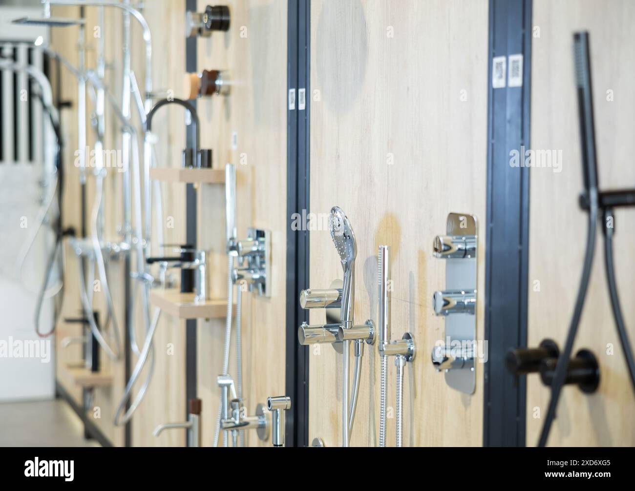Modern showerheads and bathroom fixtures on display in home improvement ...